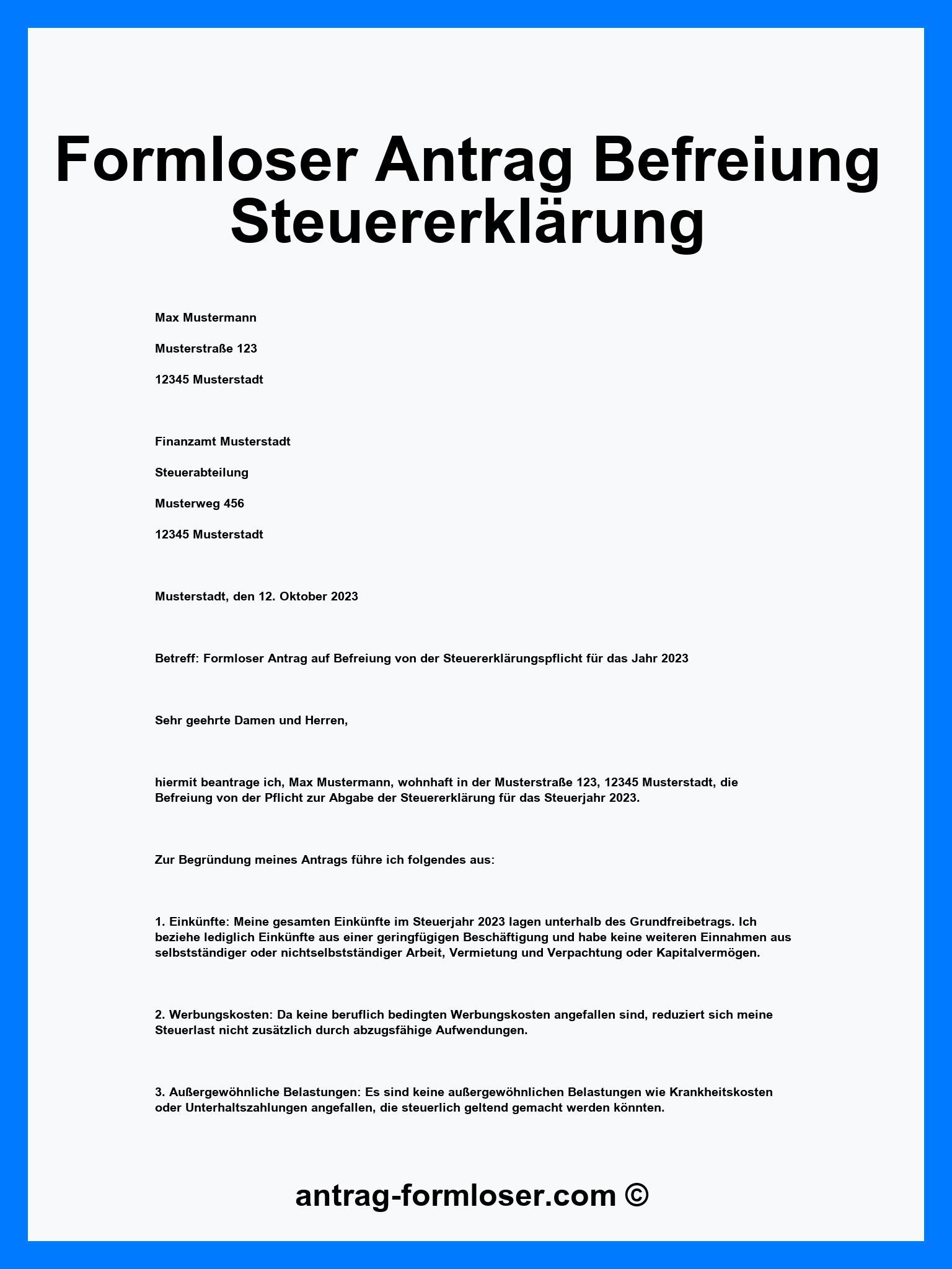 Formloser Antrag Befreiung Steuererklärung Muster - Word - PDF