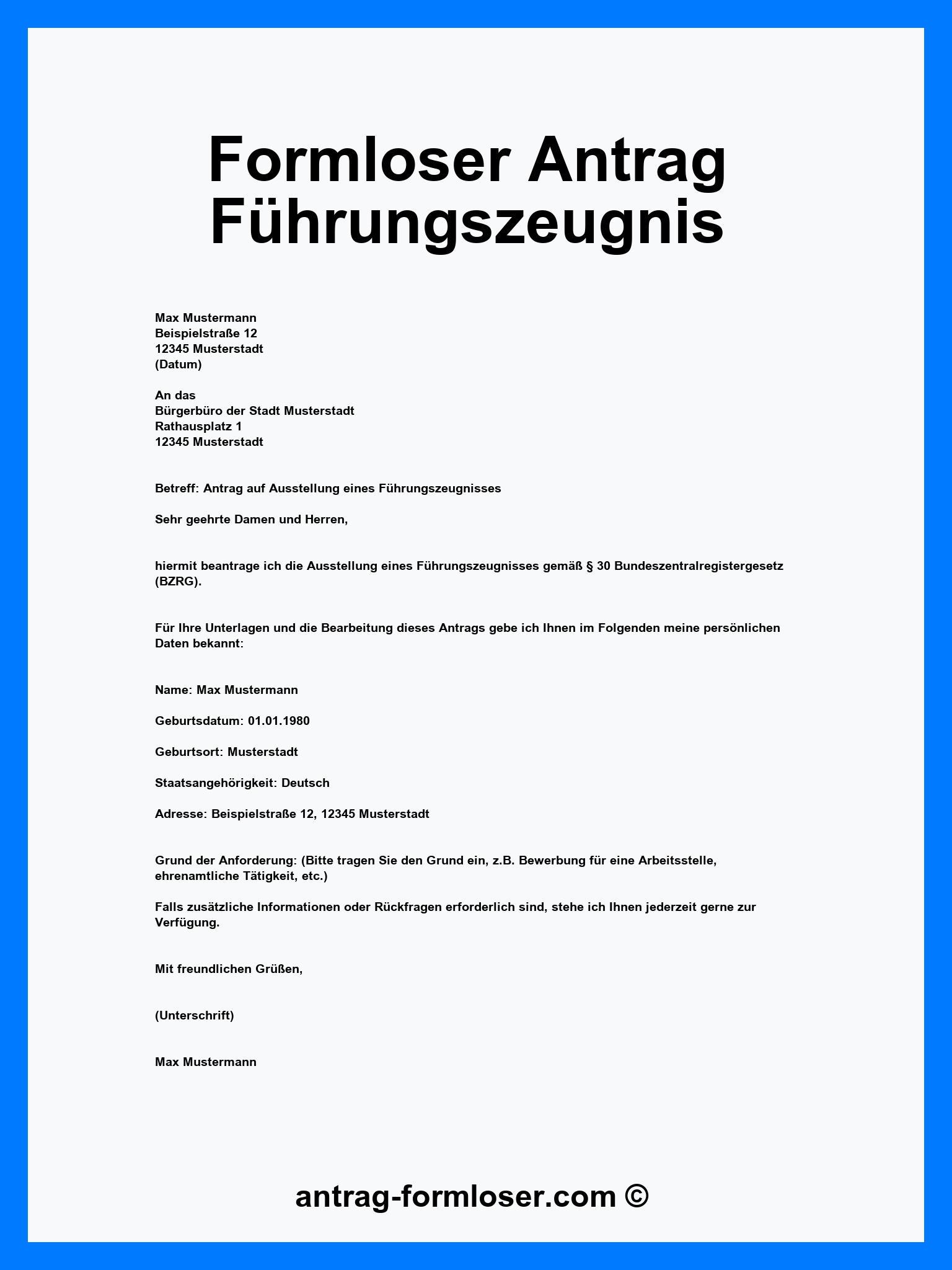 Formloser Antrag Führungszeugnis - Word - PDF