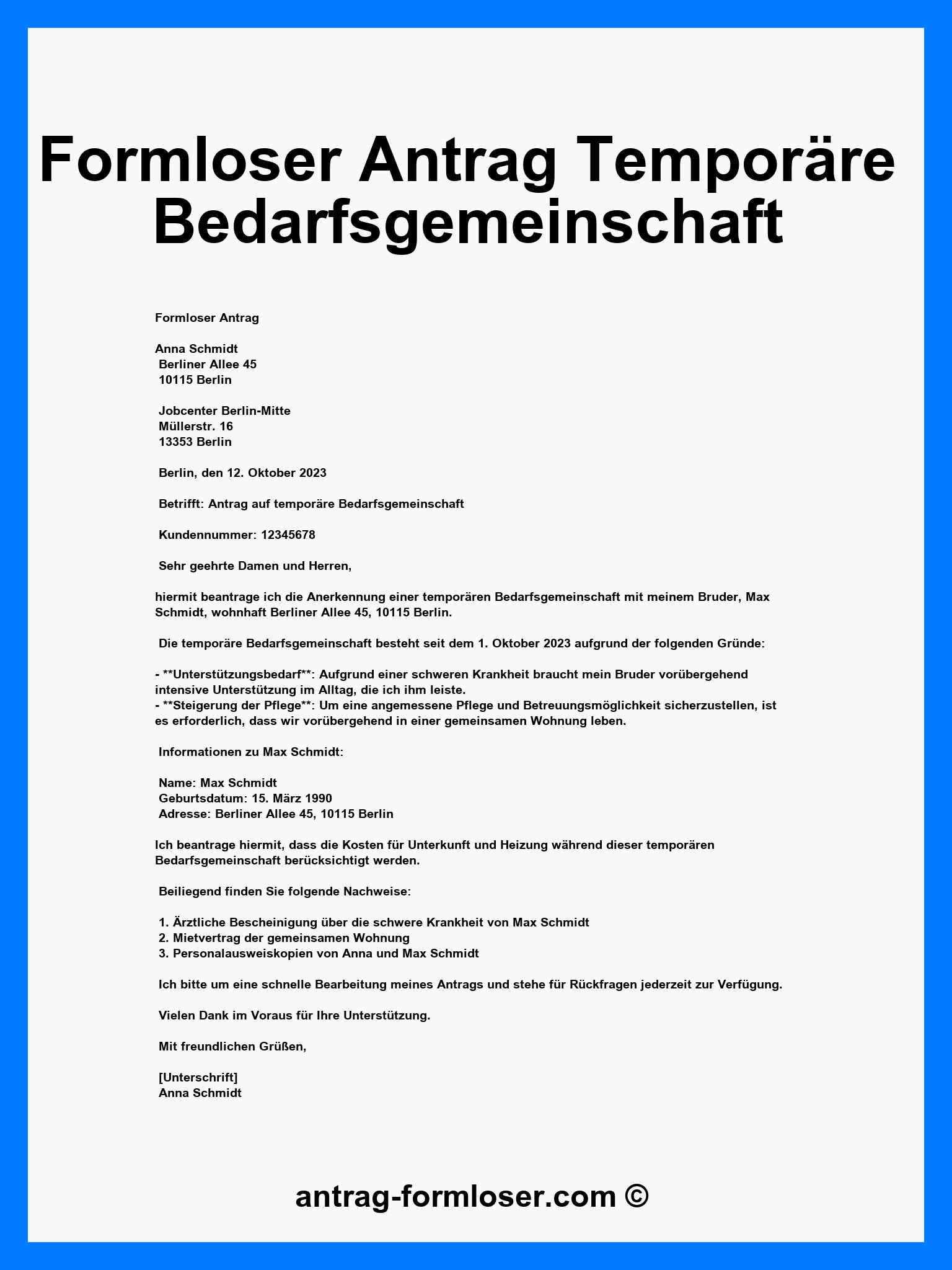 Formloser Antrag Temporäre Bedarfsgemeinschaft Muster - PDF - Word