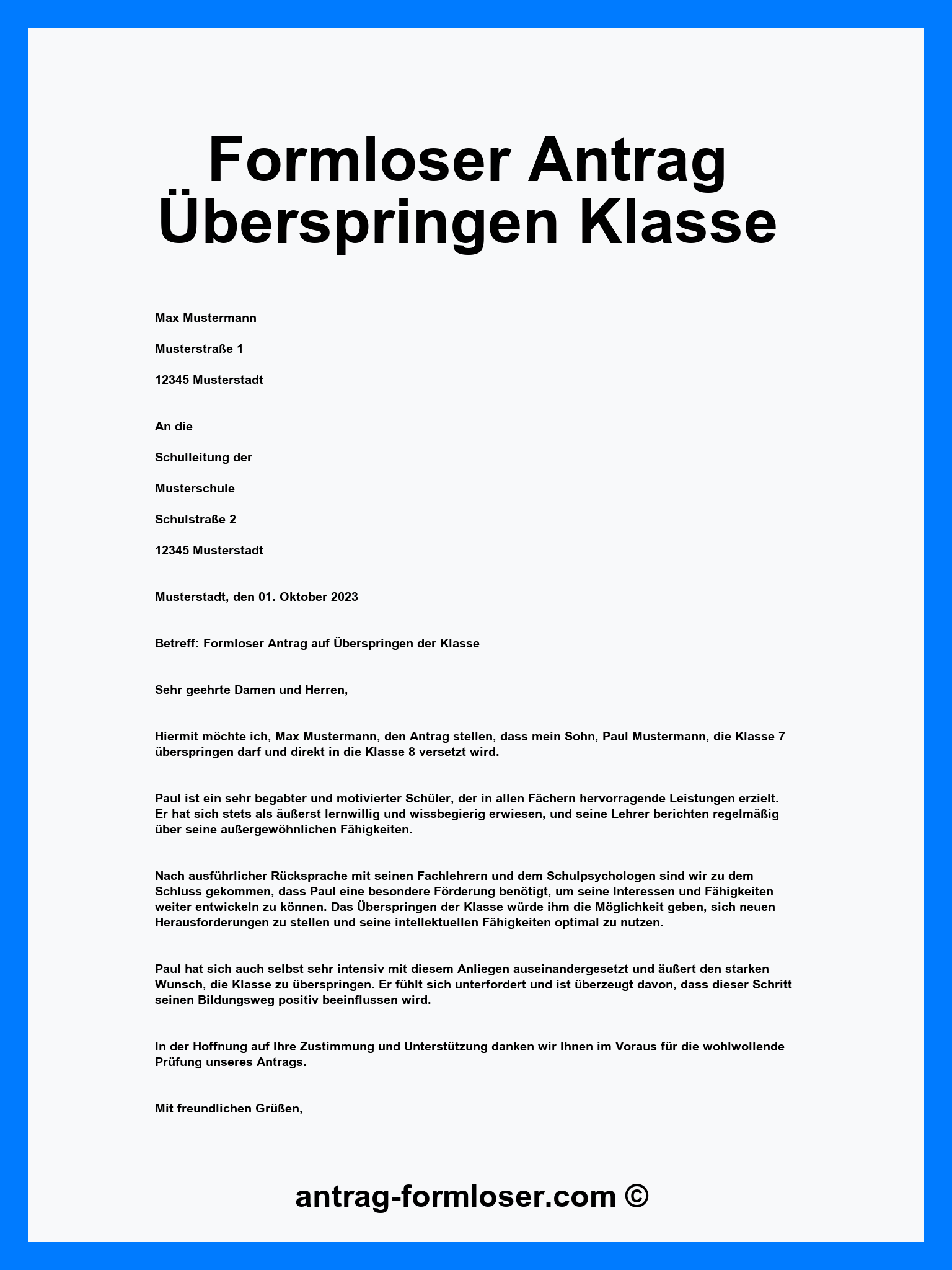 Formloser Antrag Überspringen Klasse - Word - PDF